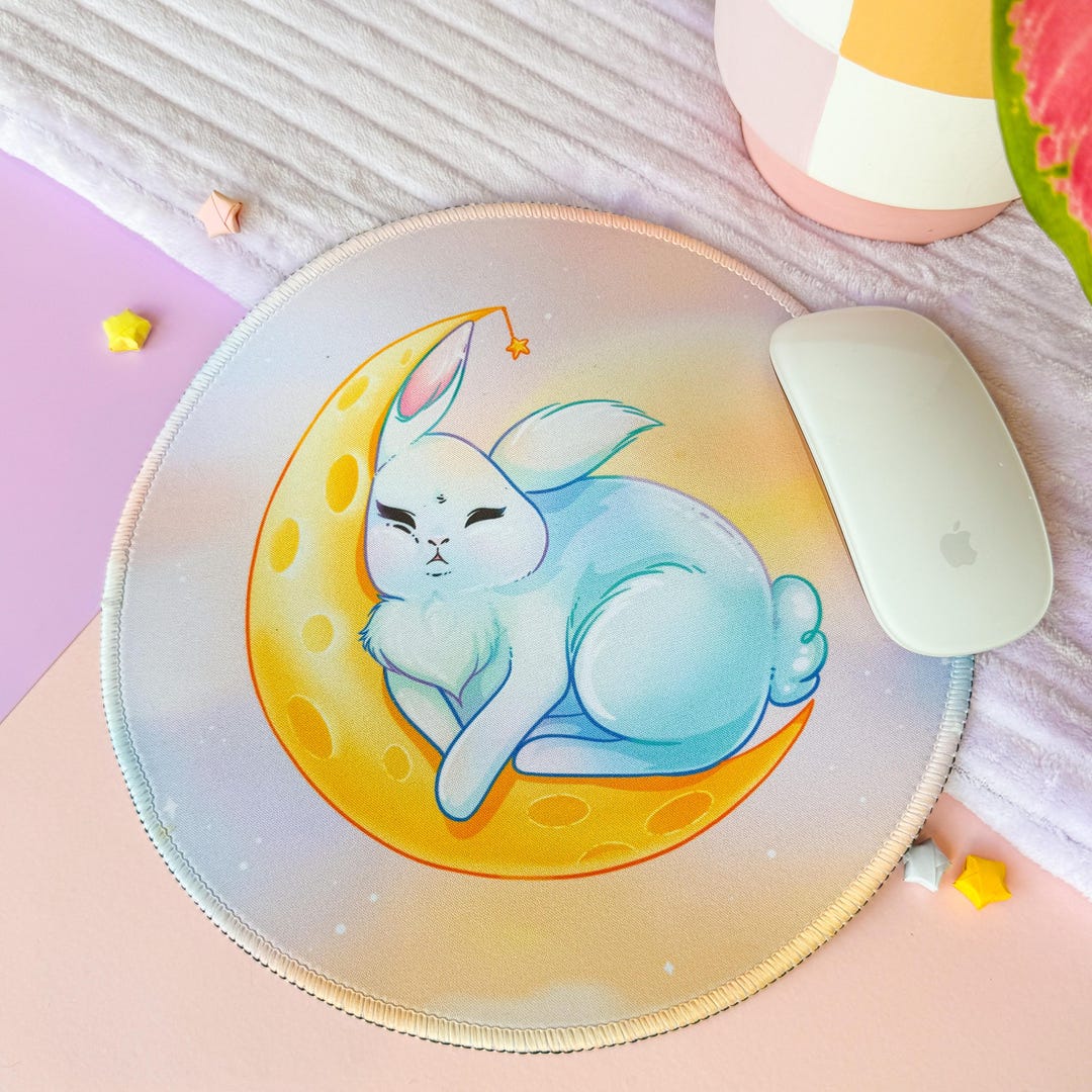 Moon Bunny Mousepad | Cute Illustrated Round Mouse Pad | Kawaii Desktop ...