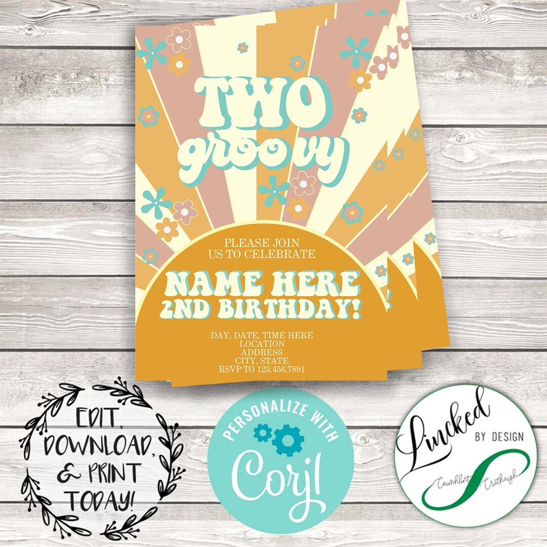 Two Groovy Themed Birthday Invitation | Second Birthday Invitation ...