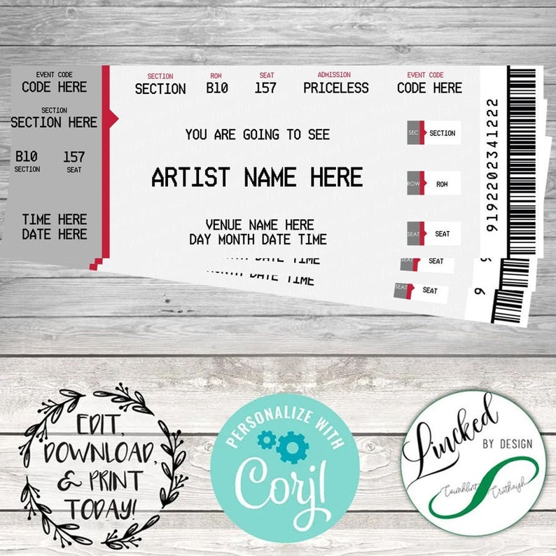 Concert Ticket Template Gift Certificate Personalized Event - Etsy