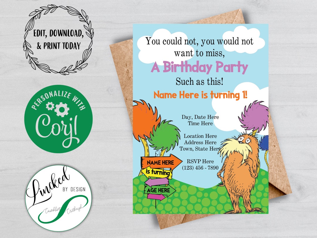 The Lorax Themed Birthday Invitation EDITABLE Digital Download - Etsy ...