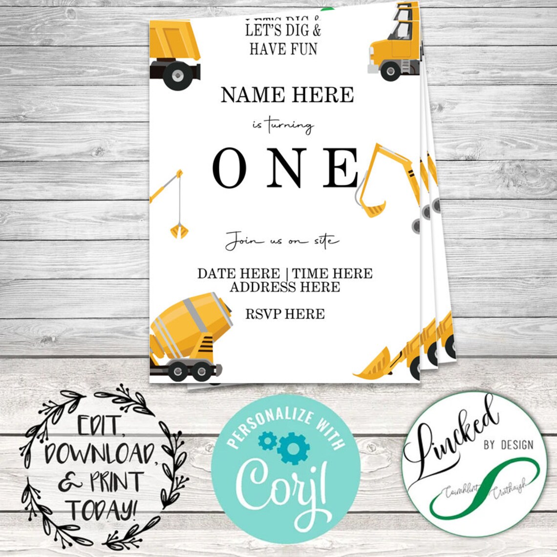 Construction Themed Birthday Invitation Dig & Have Fun | EDITABLE ...