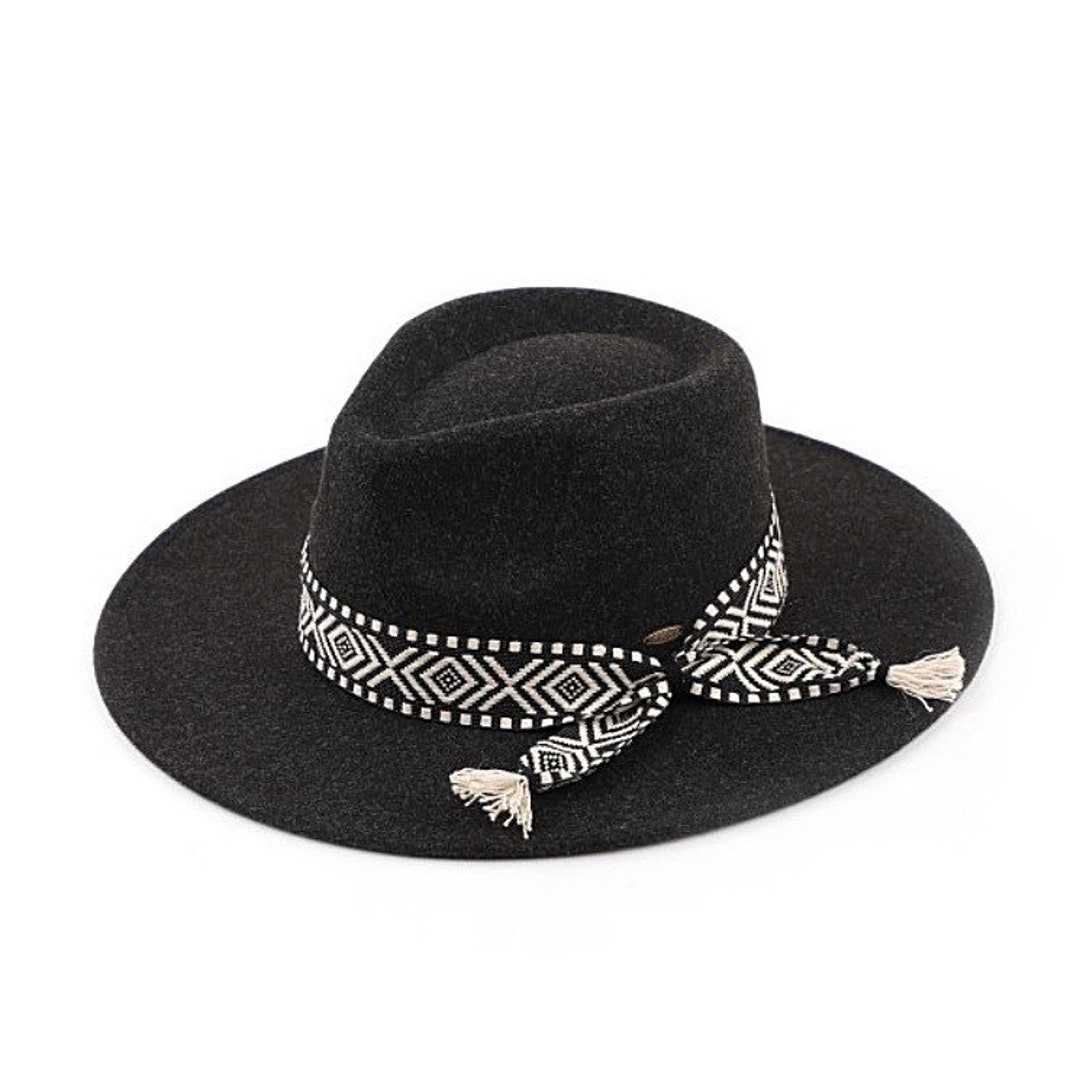 Black Felt Wide Brim Panama Hat Fedora Aztec Tribal Western - Etsy