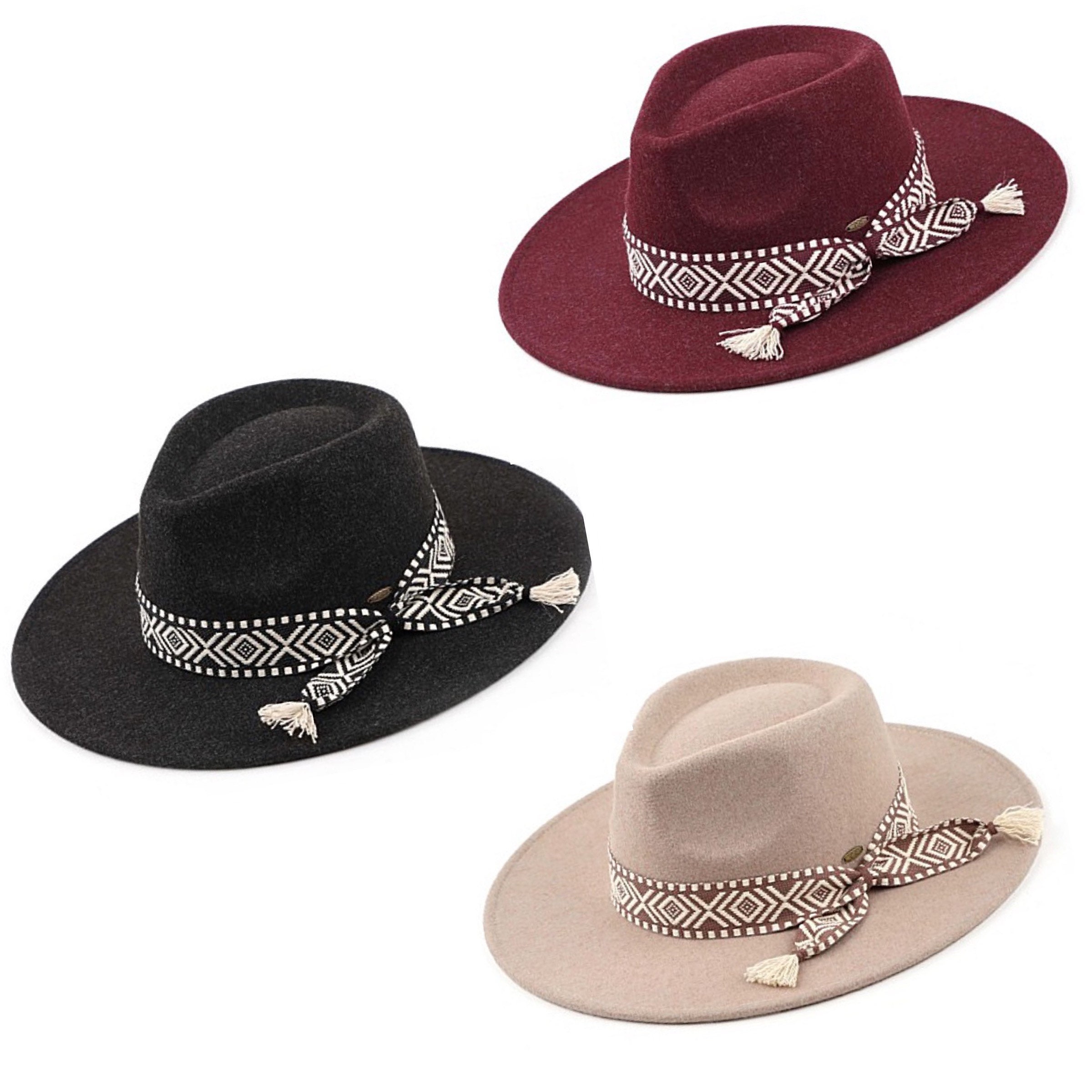 Black Felt Wide Brim Panama Hat Fedora Aztec Tribal Western - Etsy