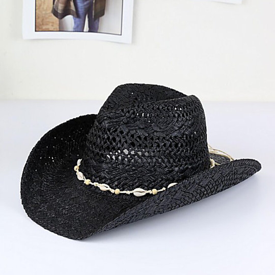 Straw Cowboy Sun Hat Black Wide Brim Cowgirl Stetson Western Panama Hat ...