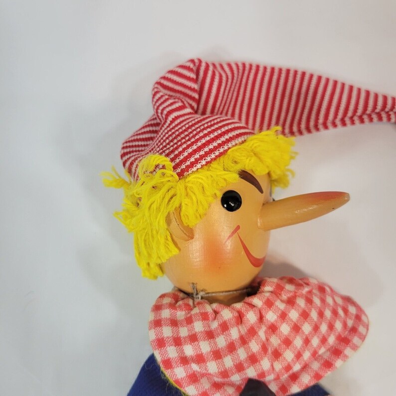 Vintage Pinocchio Puppet Hand Painted Wooden Face Yellow Hair Fabric ...