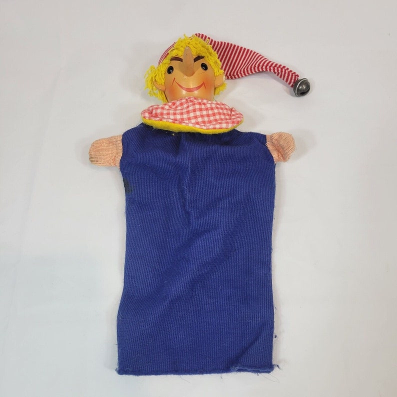 Vintage Pinocchio Puppet Hand Painted Wooden Face Yellow Hair Fabric ...