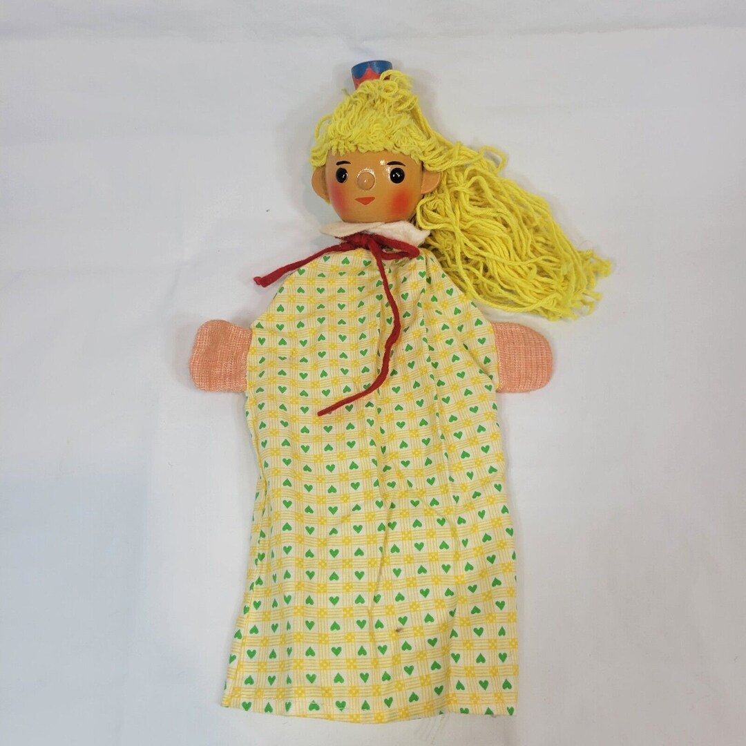 Vintage Girl Hand Puppet Wood Hand Painted Face Yellow Yarn Hair ...