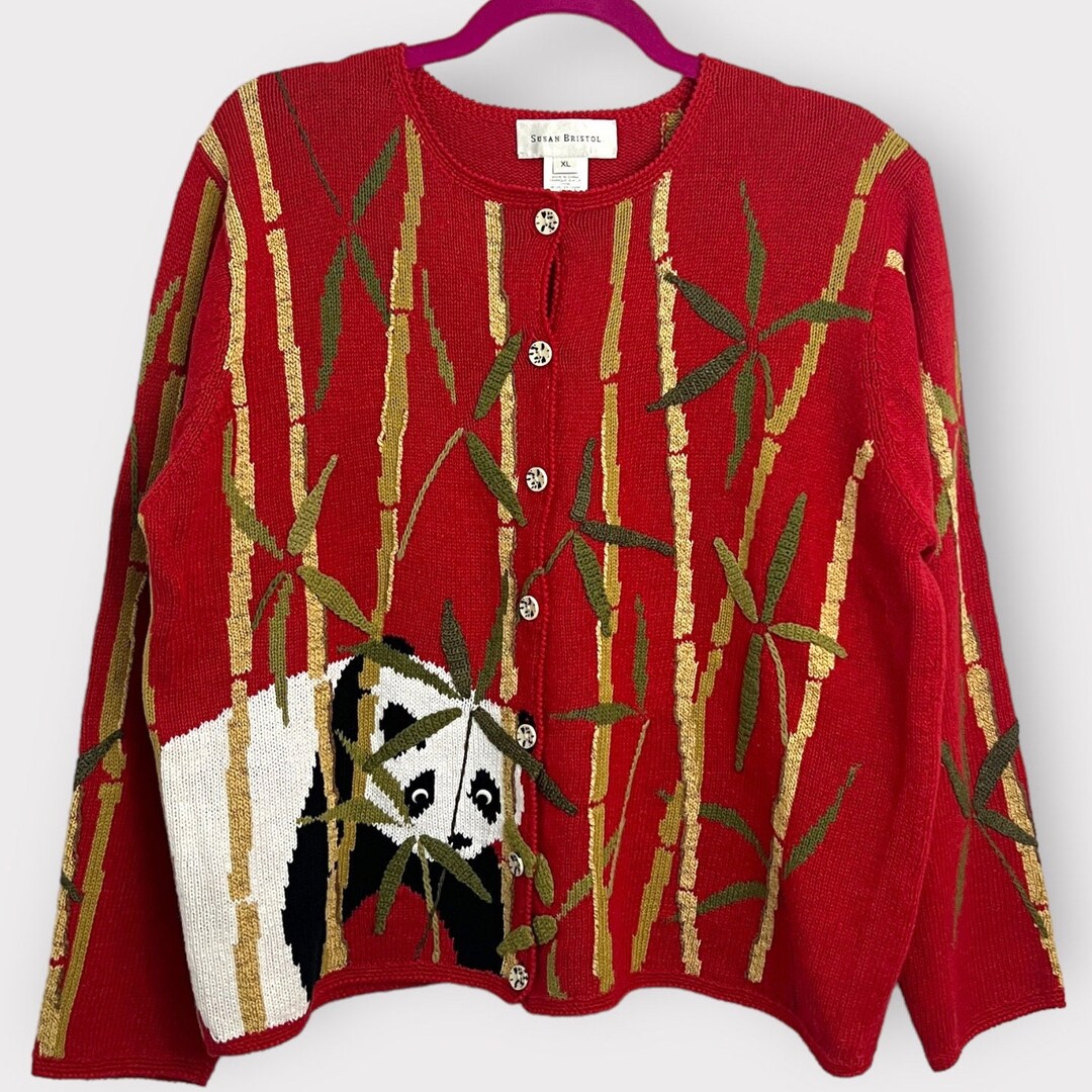 Vintage Y2K Red Panda Sweater / Bamboo 3D Jacquard Cardigan Jumper ...