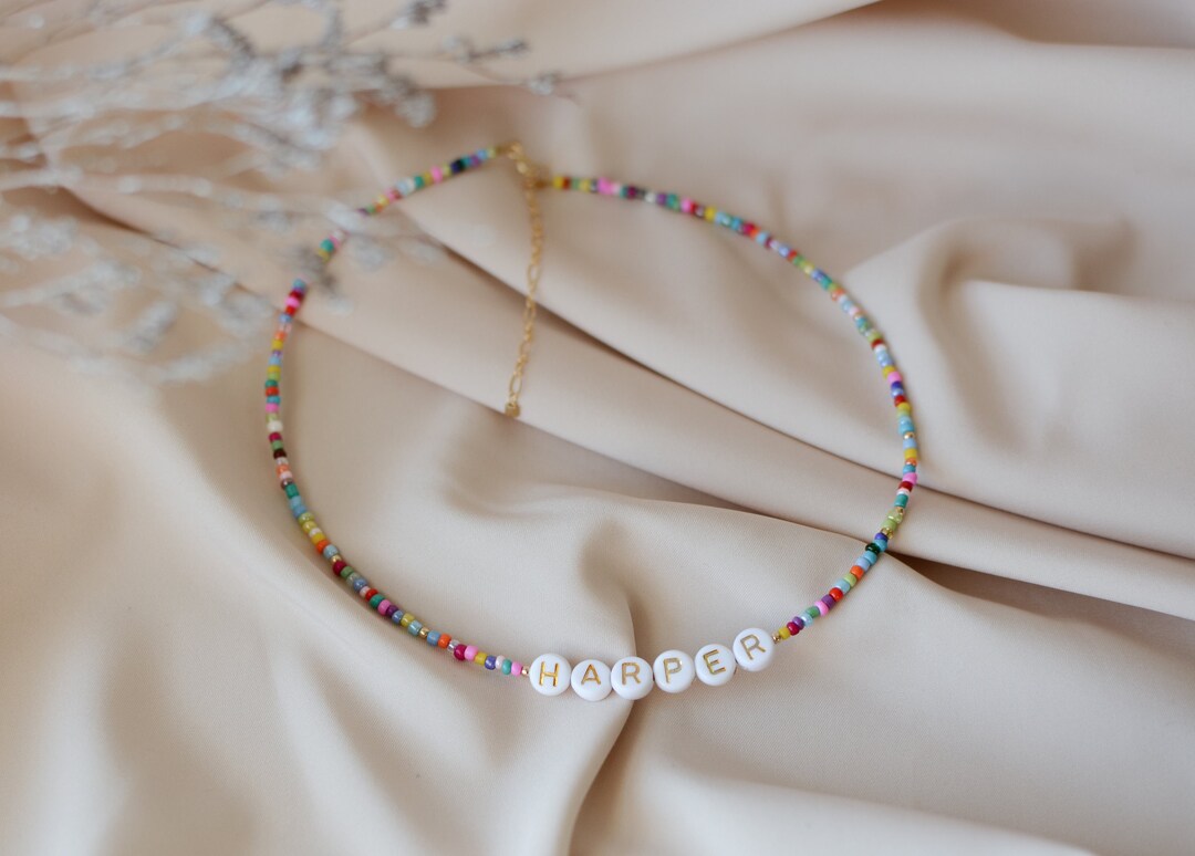 Name Choker Initial Necklace Letter Colorful Necklace Rainbow Beaded ...