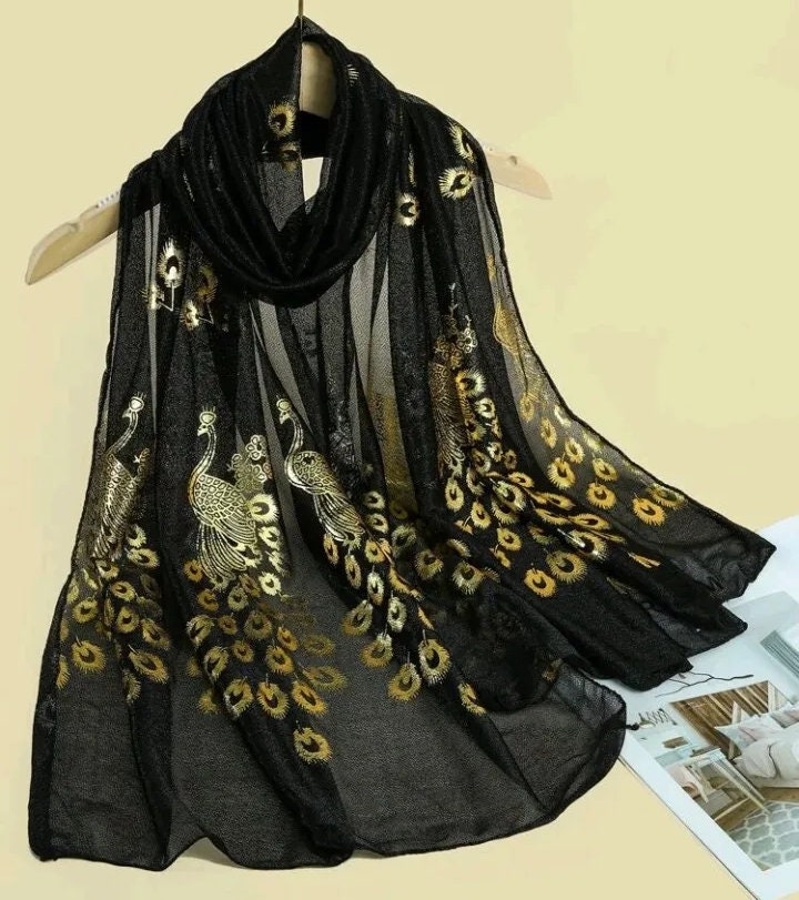 Beautiful Ladies Black & Gold Peacock Design Chiffon Evening Scarf - Etsy