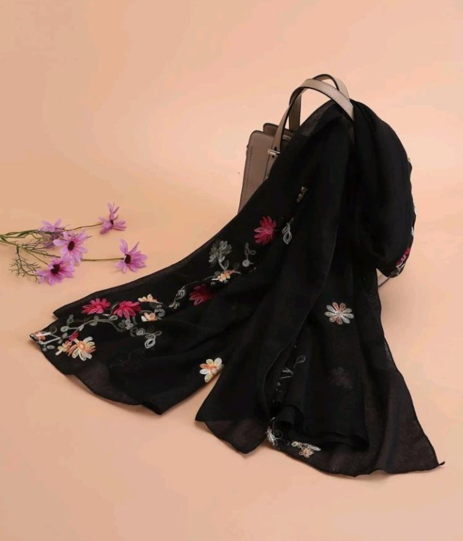 Beautiful Ladies Black Evening Scarf With Embroidered Detail - Etsy
