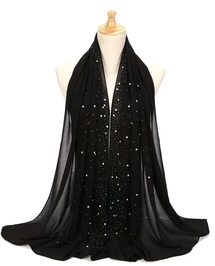 Beautiful Ladies Black Evening Scarf With Faux Pearl & Rhinestone ...