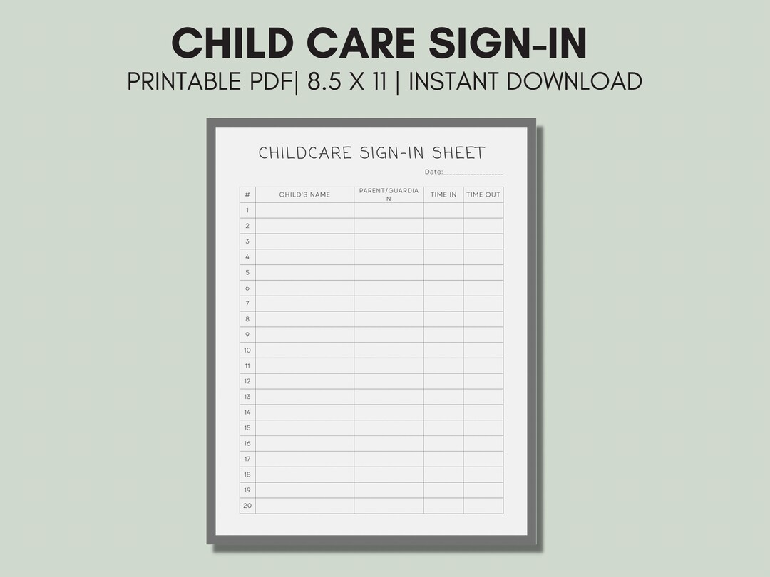 Childcare Sign in Sheet Daycare Sign in Sheet Nursery Sign in Parent ...