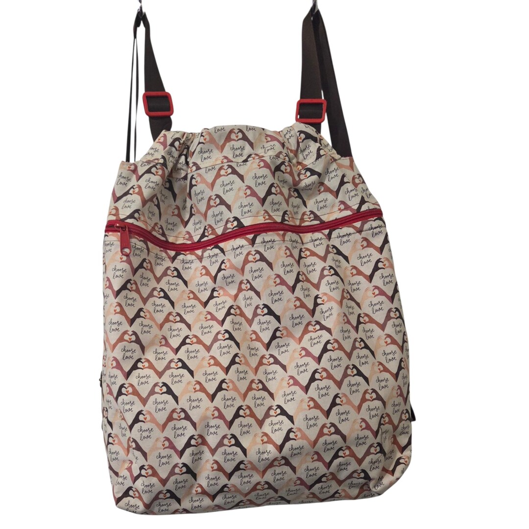 Dark Brown Canvas & Cotton Drawstring Backpack: Choose Love and Heart ...