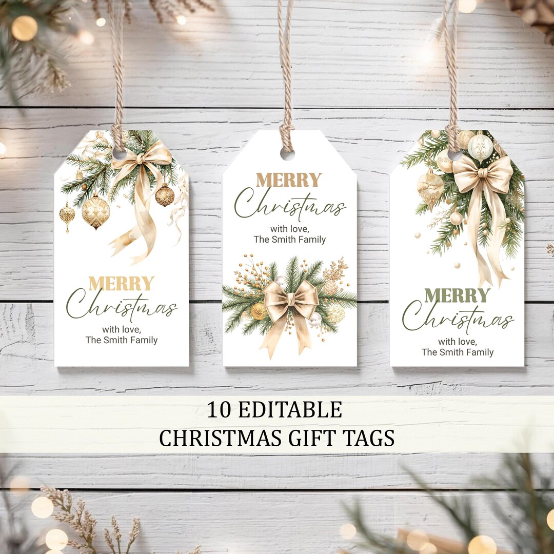 Printable Christmas Gift Tags Set of 10, Editable Elegant Gold Cream ...