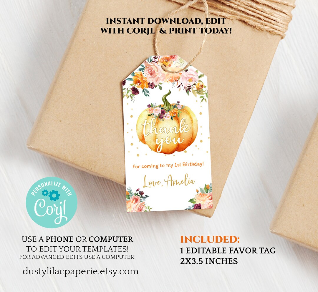 Pumpkin Favor Tag Template Editable Fall Floral 1st Birthday - Etsy