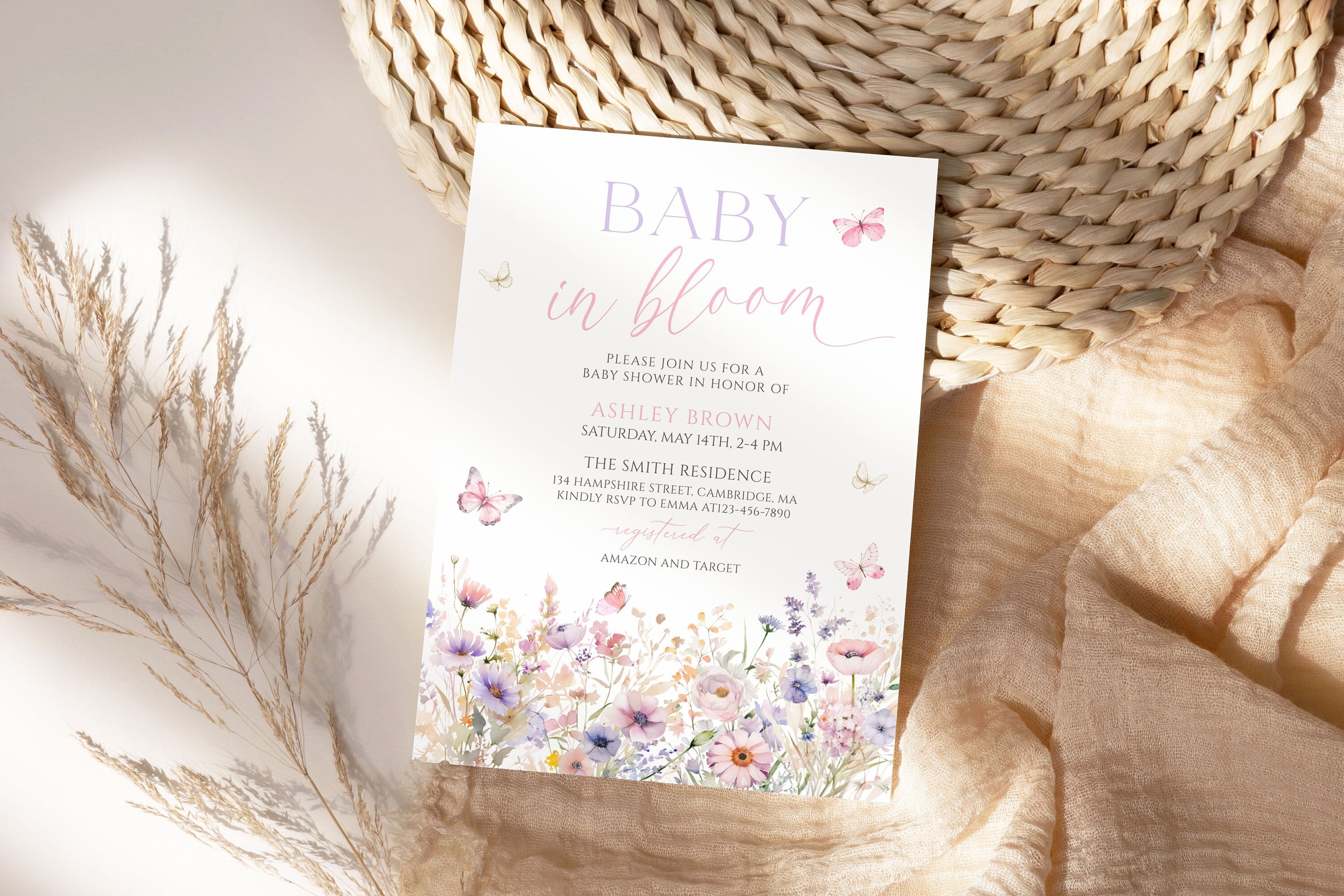 Baby in Bloom Invitation Editable Pink Purple Wildflowers Baby Shower ...