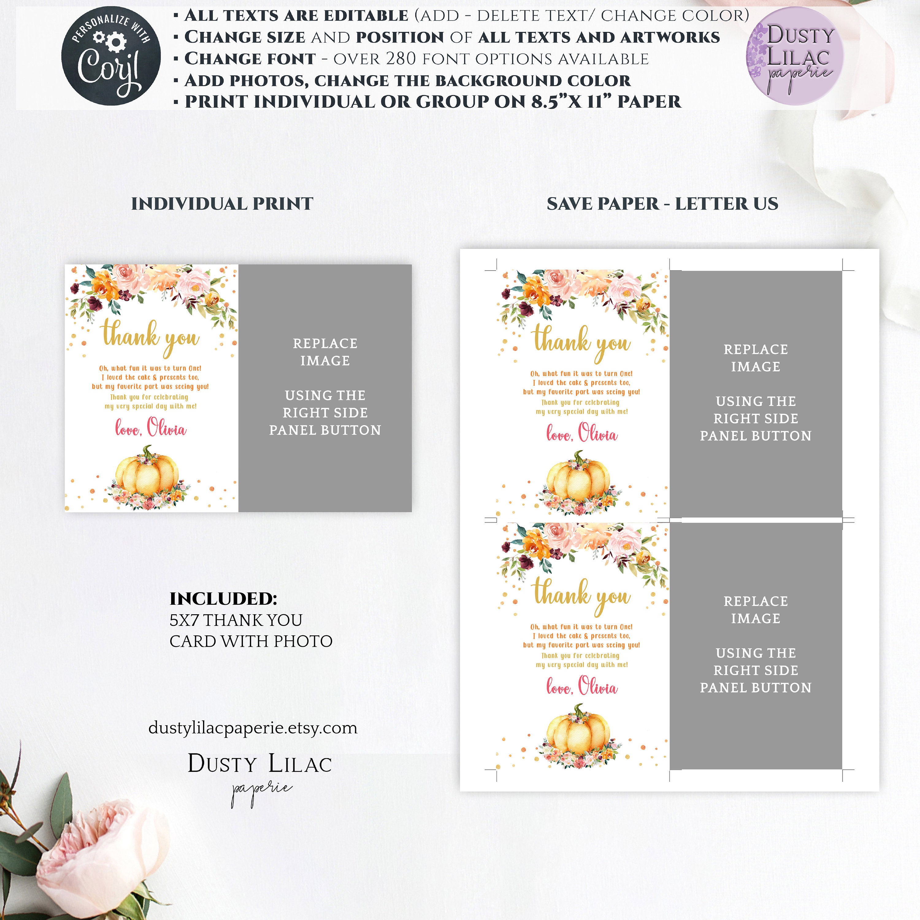 Editable Pumpkin Thank You Card With Photo Fall Pumpkin 1st | Etsy