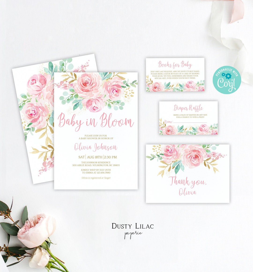 Plantilla de invitación imprimible para baby shower floral con bebé en ...