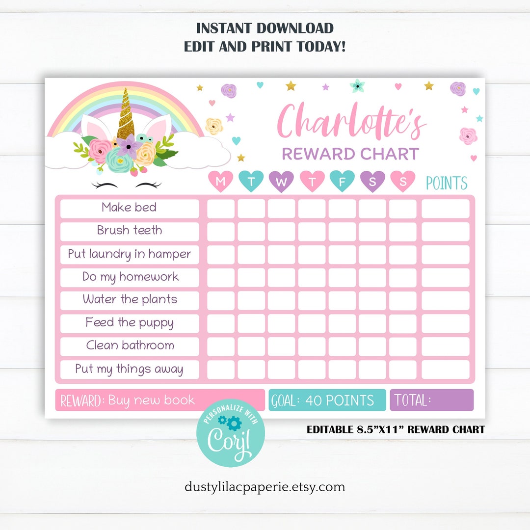 Editable Unicorn Reward Chart, Printable Floral Unicorn Girl Chore ...