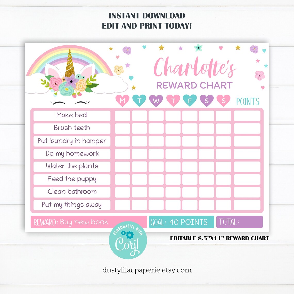 Editable Unicorn Reward Chart, Printable Floral Unicorn Girl Chore ...