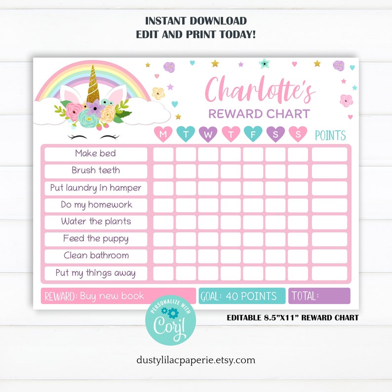 Editable Unicorn Reward Chart Printable Floral Unicorn Girl - Etsy