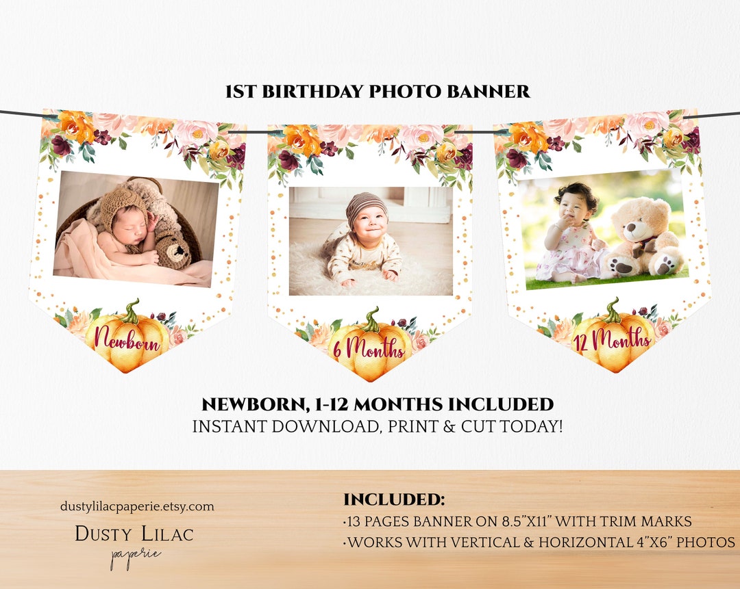 1st Birthday Photo Banner Pumpkin, Printable Fall Milestone Banner, 12 ...