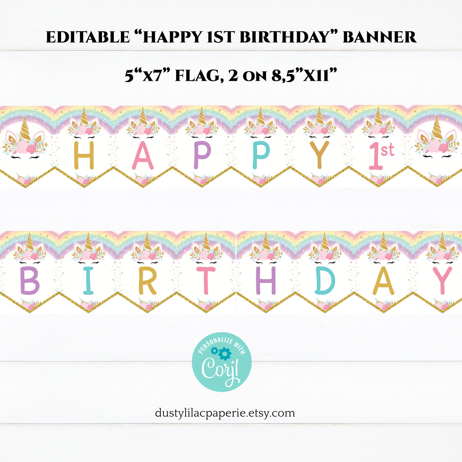Rainbow Unicorn Happy Birthday Banner Editable Floral Unicorn - Etsy