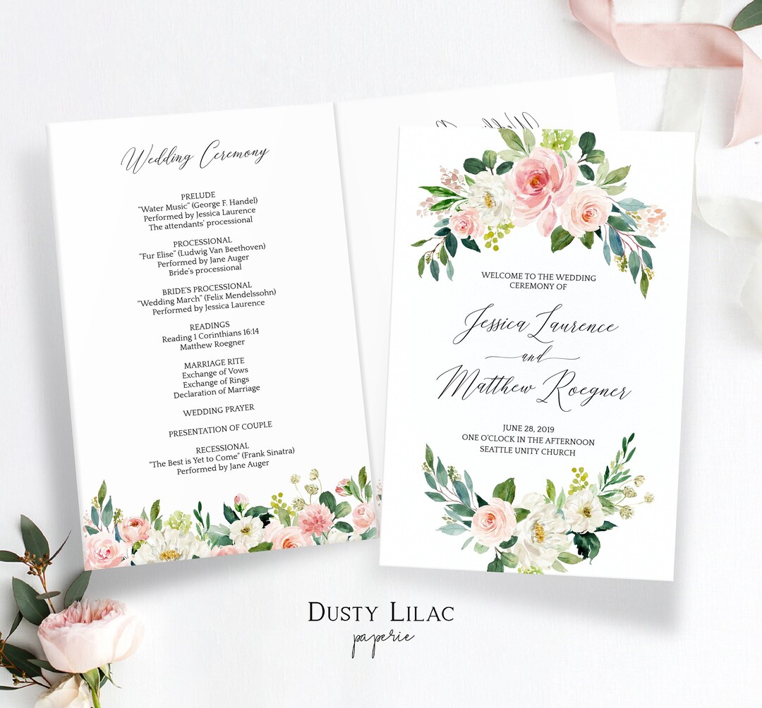 Pink Blush Floral Wedding Program Template Printable Wedding - Etsy