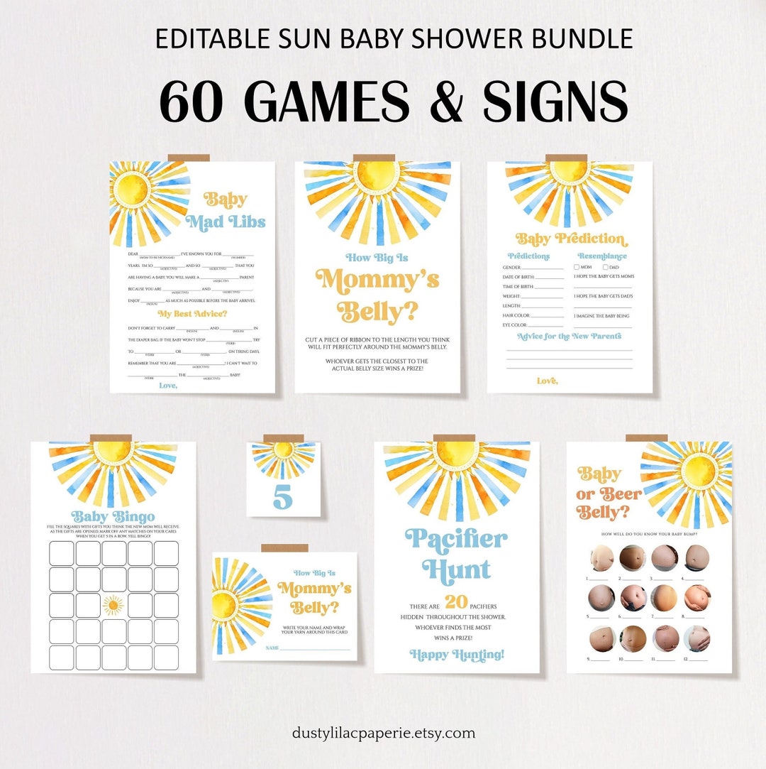 Editable Sun Baby Shower Game Bundle, Here Comes the Son Blue Baby ...