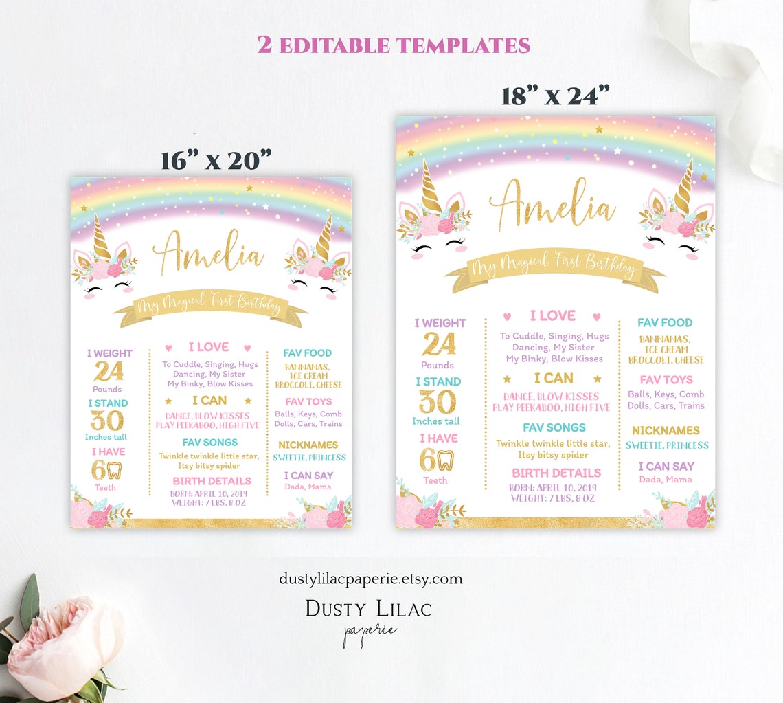 Unicorn milestone birthday poster template editable colorful | Etsy