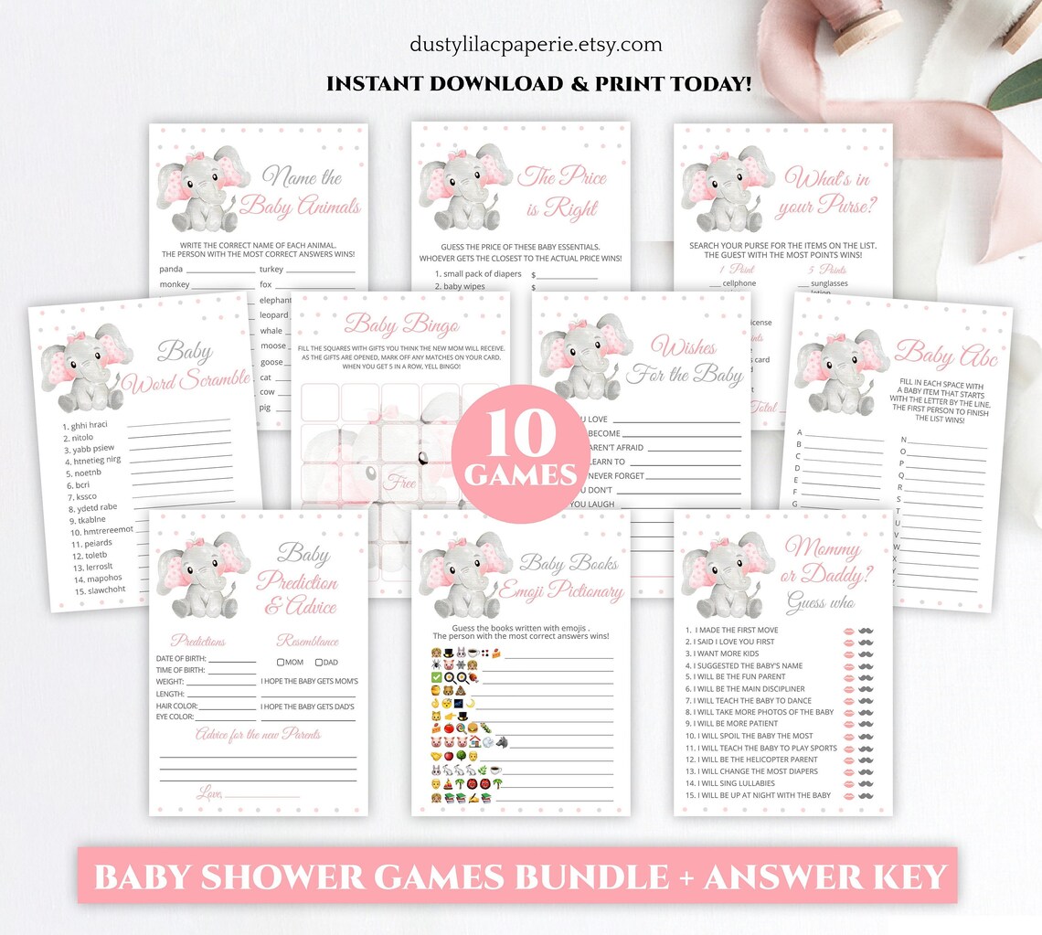 Pink Elephant Baby Shower Game Bundle Set Baby Girl Little - Etsy