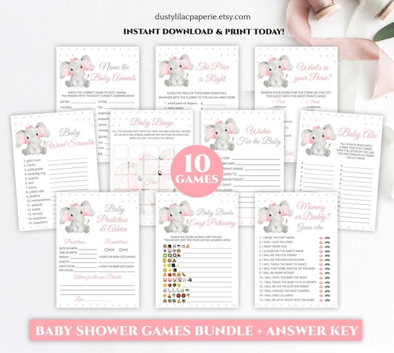 Pink Elephant Baby Shower Game Bundle Set Baby Girl Little - Etsy