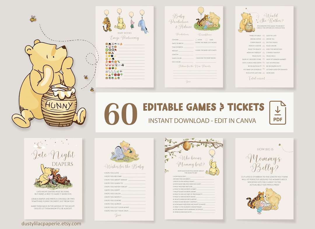 Classic Winnie the Pooh Baby Shower Games Bundle, Editable Gender ...
