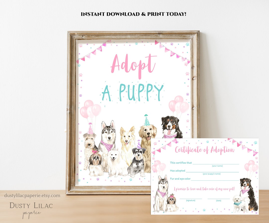 Adopt a Puppy Birthday Table Sign, Pet Adoption Certificate, Dog Girl ...