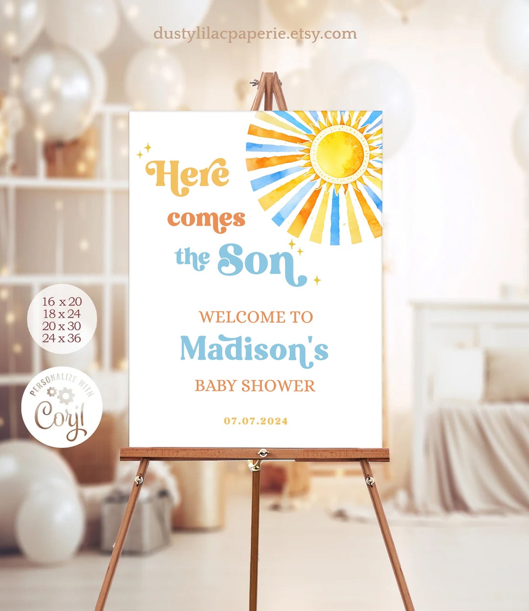 Here Comes the Son Baby Shower Welcome Sign, Editable Sonshine Blue Boy ...