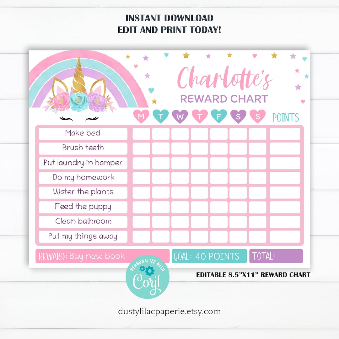 Editable Unicorn Reward Chart, Printable Rainbow Unicorn Girl Chore ...