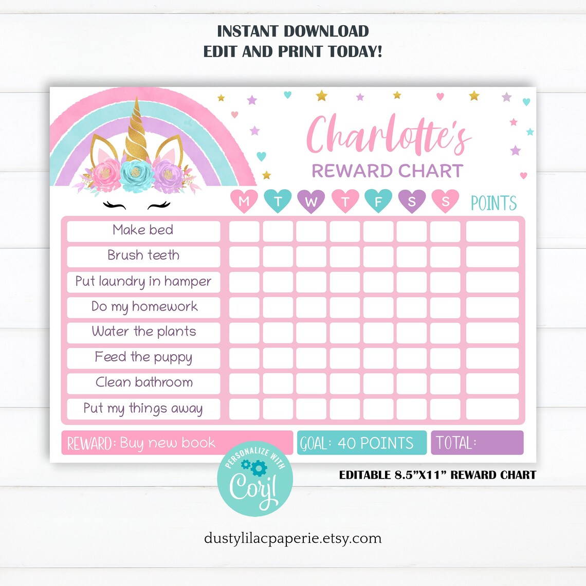 Editable Unicorn Reward Chart Printable Rainbow Unicorn Girl - Etsy