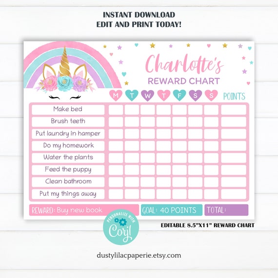 Editable Unicorn Reward Chart Printable Rainbow Unicorn Girl | Etsy