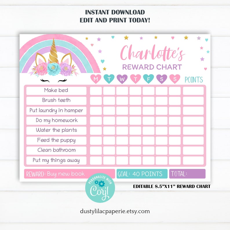 Editable Unicorn Reward Chart Printable Rainbow Unicorn Girl | Etsy