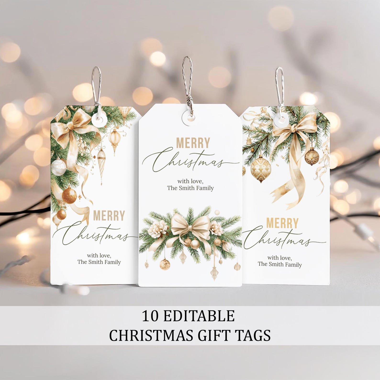 Printable Christmas Gift Tags Set of 10, Editable Elegant Gold Cream ...