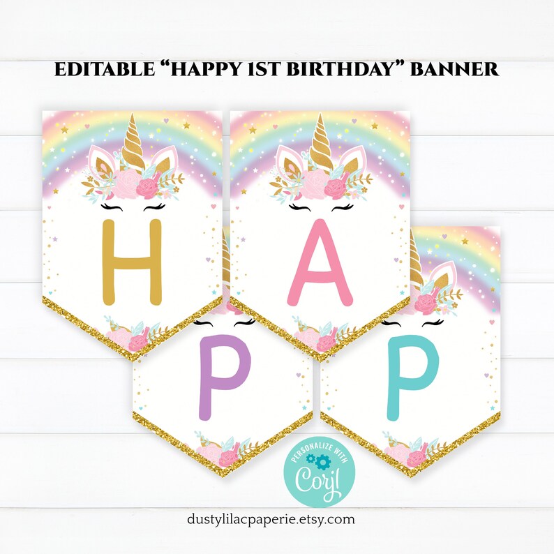 Rainbow Unicorn Happy Birthday Banner Editable Floral Unicorn - Etsy