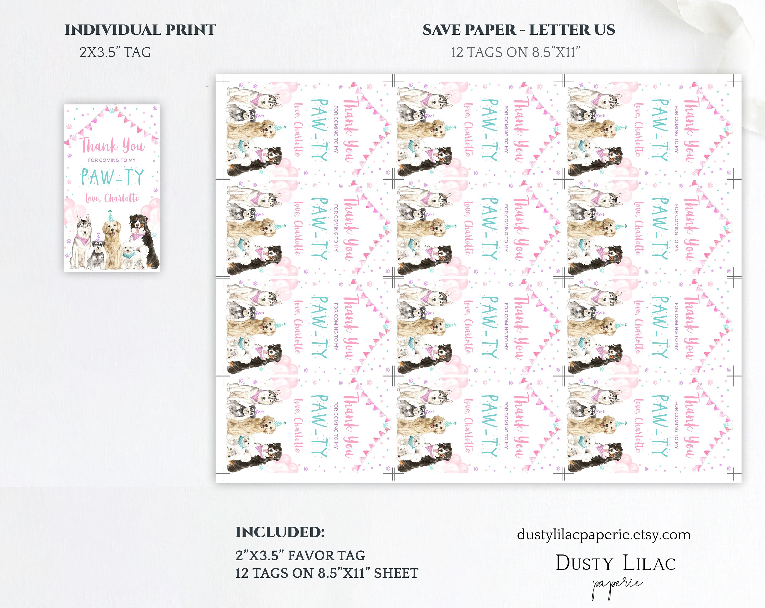 Puppy Birthday Gift Tag, Editable Girl Lets Pawty Thank You Favor Tag ...