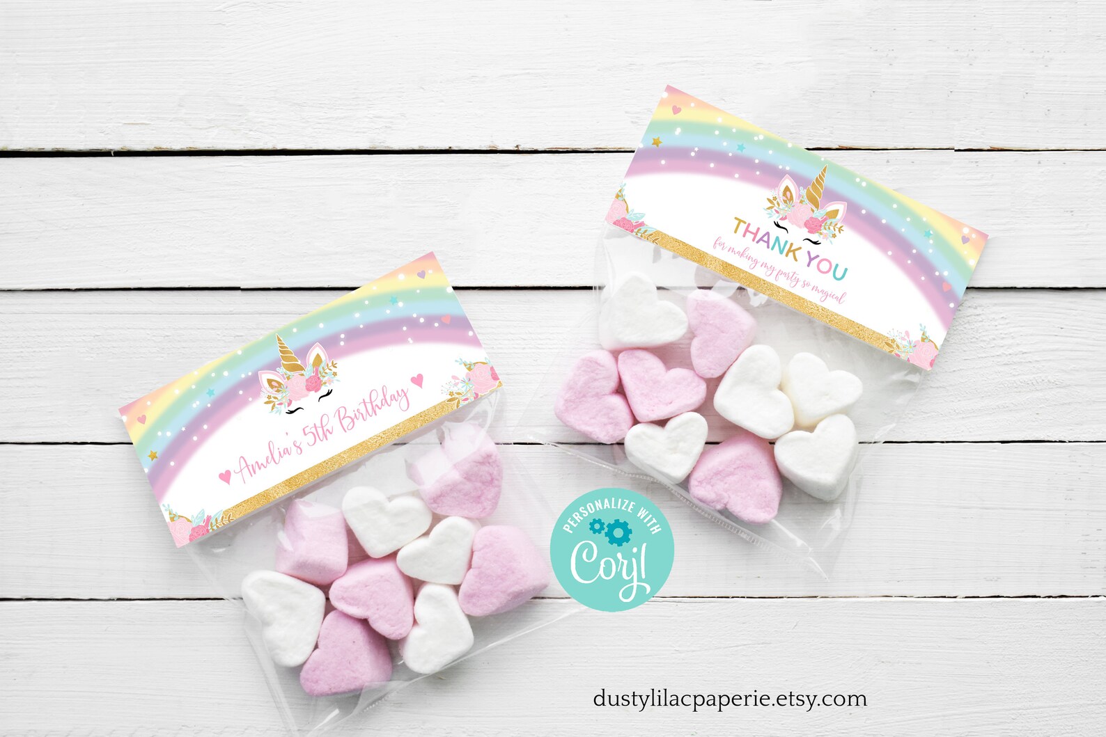 Unicorn treat bag topper template editable rainbow magical | Etsy