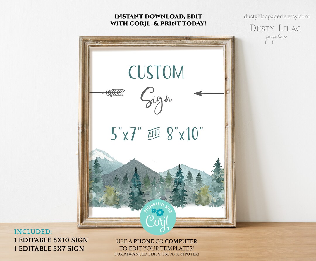 Editable Mountain Theme Custom Sign, Printable Forest Gender Neutral ...