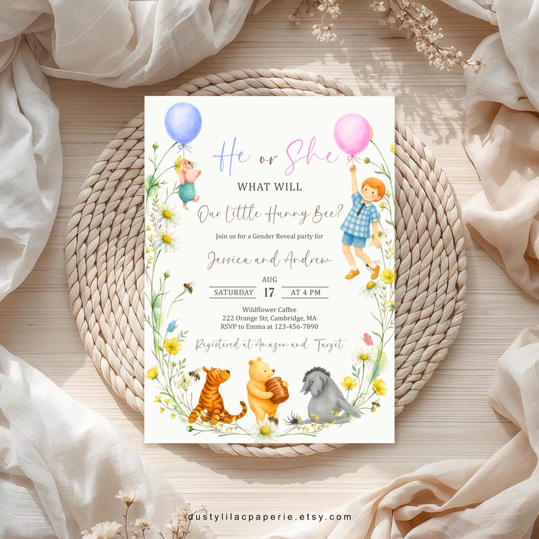 Winnie the Pooh Gender Reveal Invitation, Wildflower Hunny Bee Baby ...