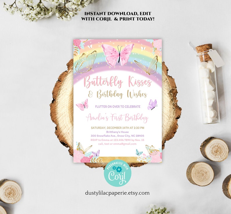 Editable Butterfly Birthday Invitation Rainbow Butterfly - Etsy