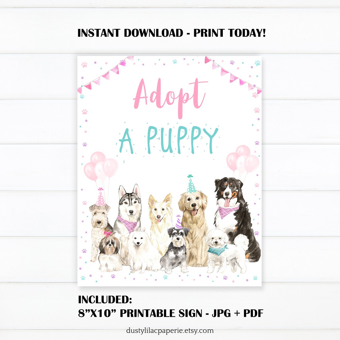 Adopt a Puppy Birthday Table Sign, Pet Adoption Certificate, Dog Girl ...