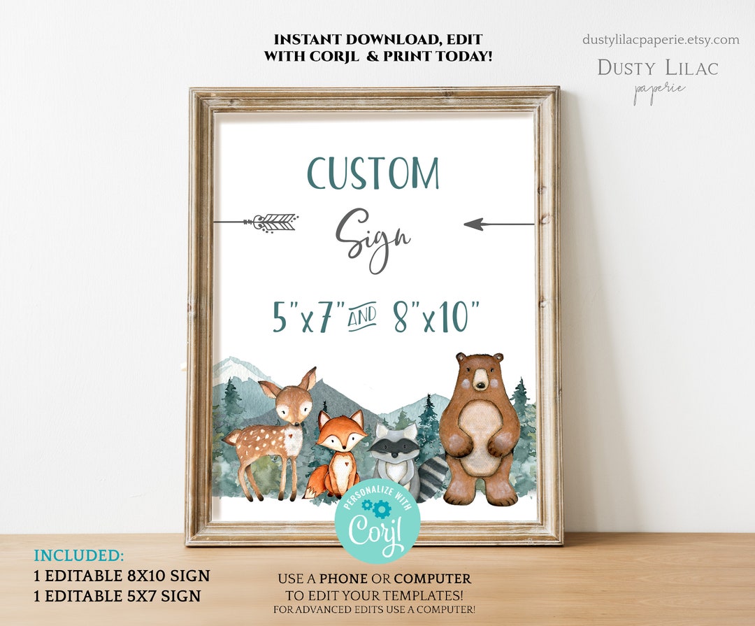 Editable Woodland Animals Custom Sign, Printable Forest Mountain Gender ...