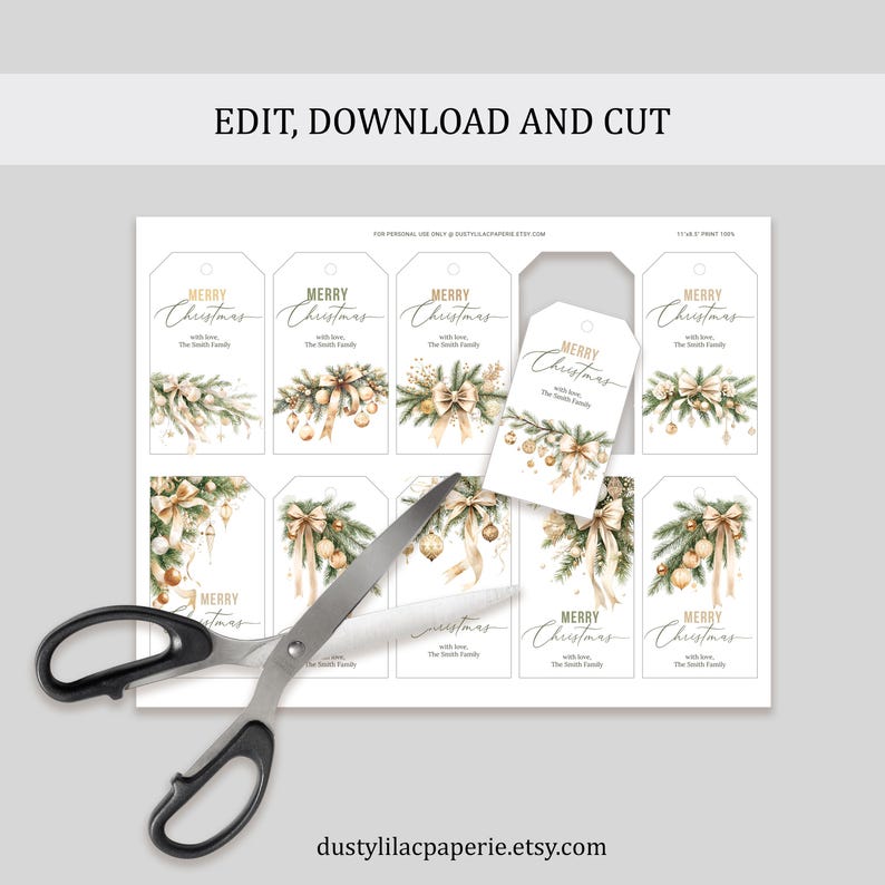Printable Christmas Gift Tags Set of 10, Editable Elegant Gold Cream ...